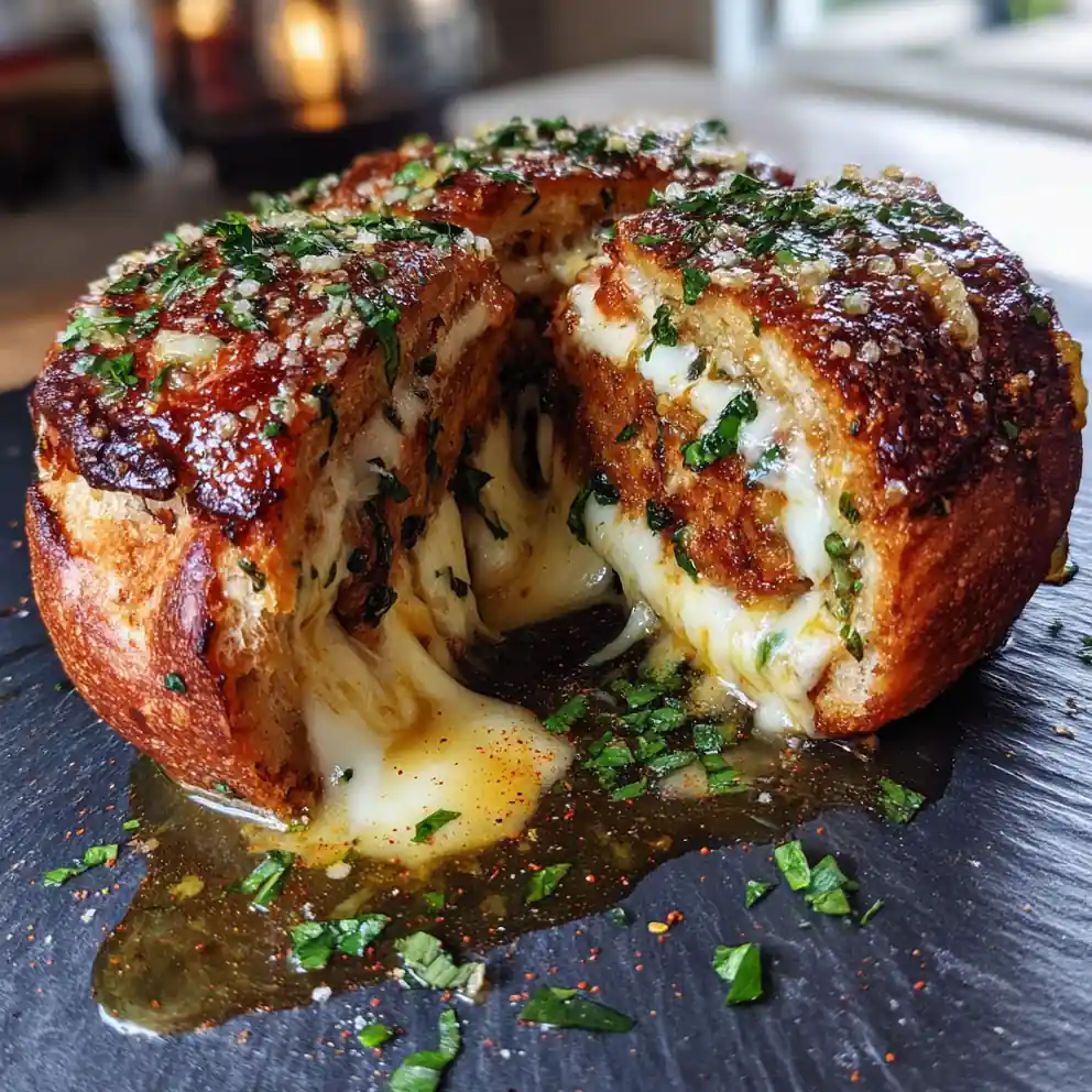 Garlic Parmesan Cheeseburger Bombs with Basil Pesto Cheese Core