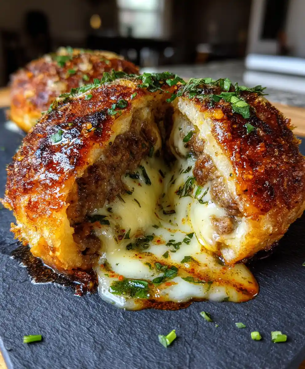 Garlic Parmesan Cheeseburger Bombs with Basil Pesto Cheese Core